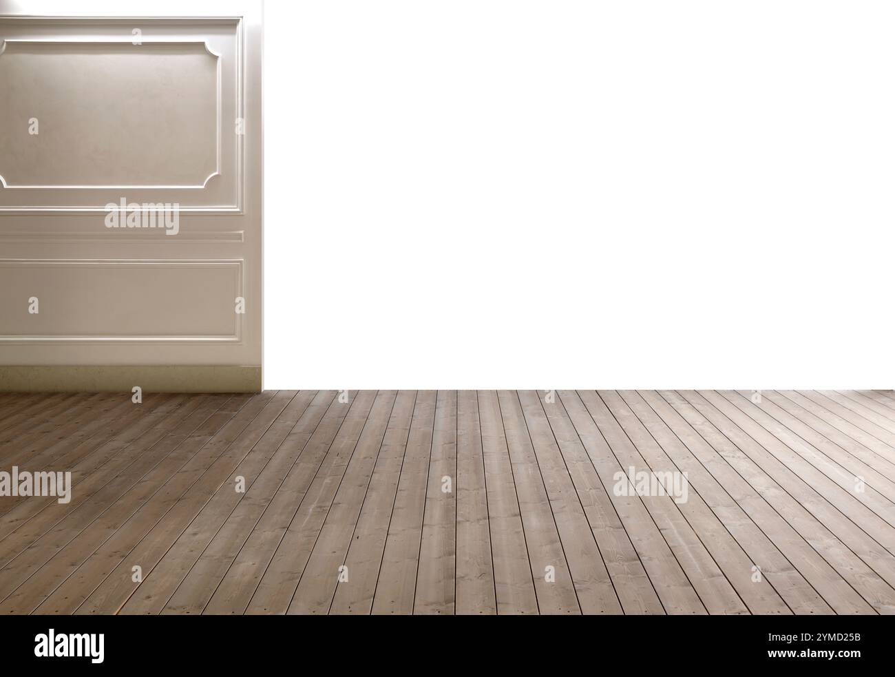 Interior of an empty room, to be furnished, with wooden floor and white ...