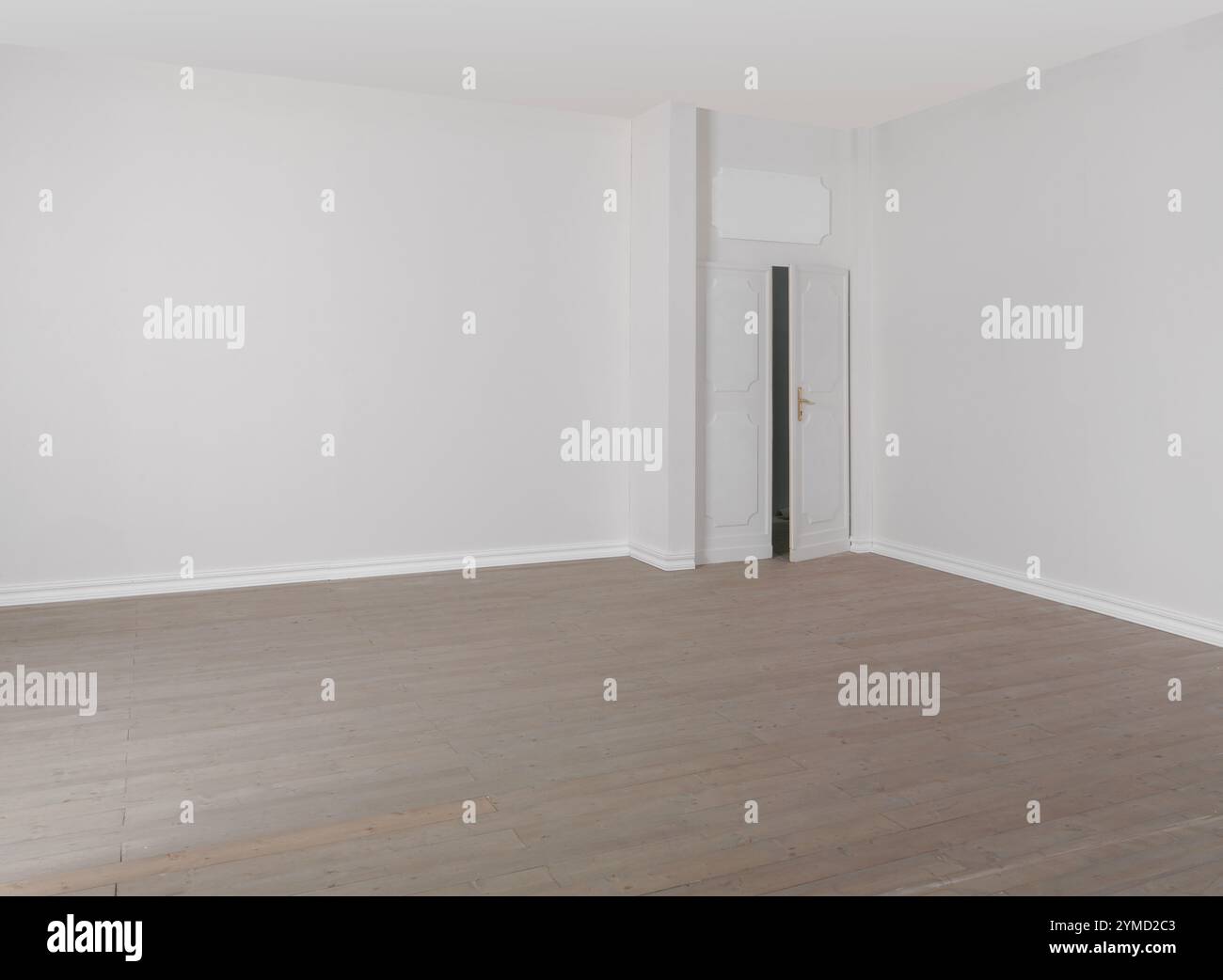 Interior of an empty room, to be furnished, with wooden floor and white ...