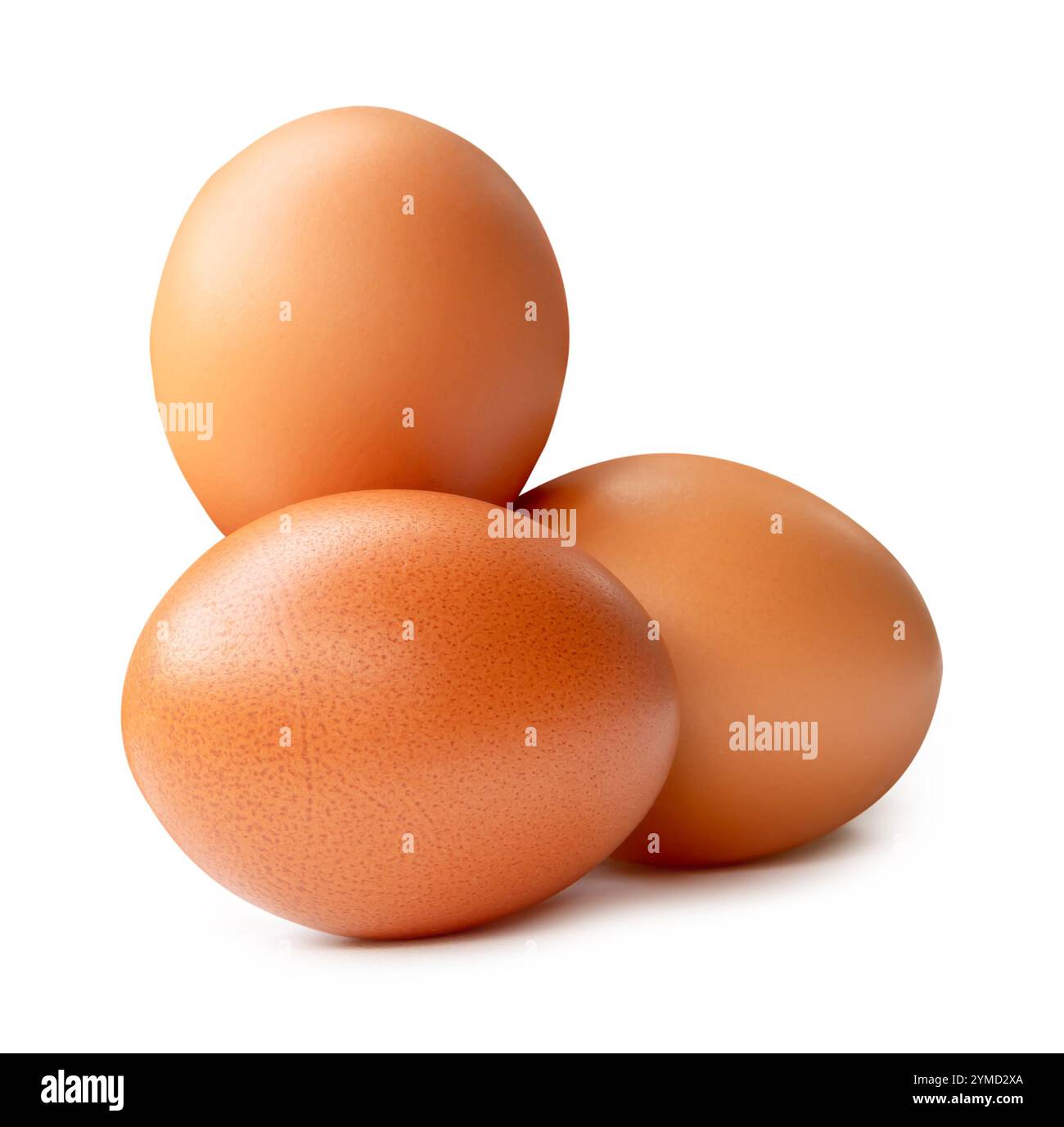 Side view of three brown chicken eggs in stack is isolated on white ...