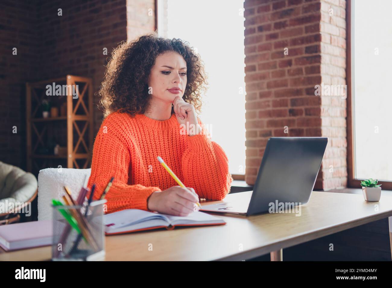 Portrait of nice young girl desk write notepad think look netbook ...