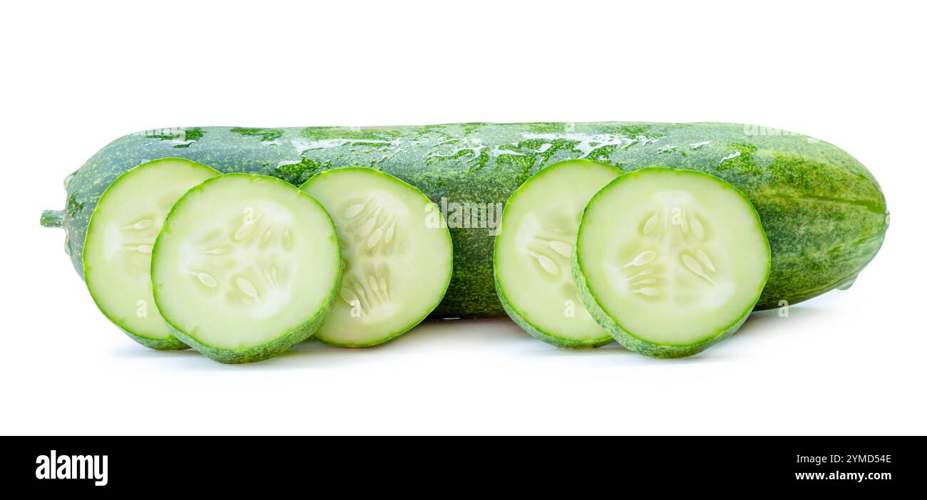 Side view of fresh green cucumber with slices in circle shape in stack ...
