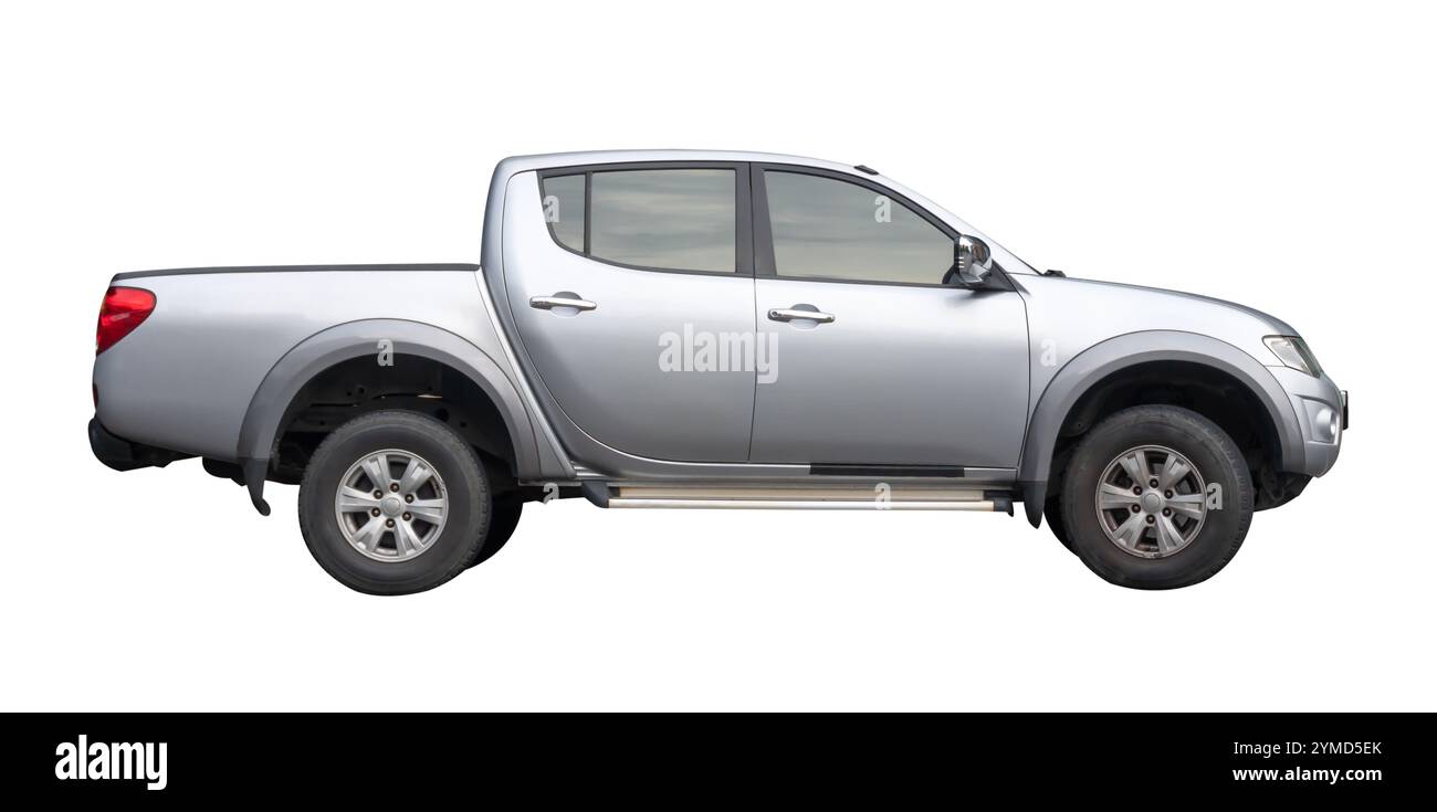 Side view of silver pickup truck is isolated on white background with ...