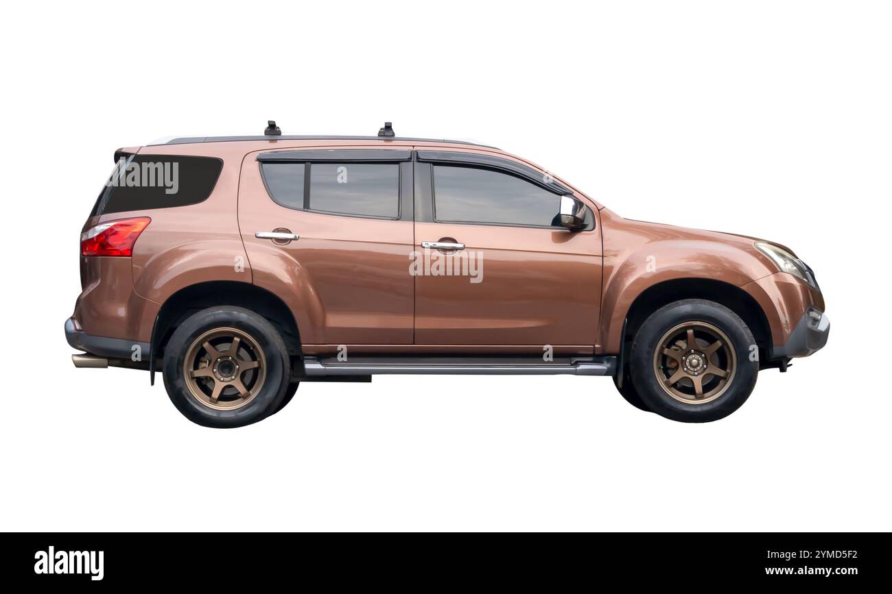 Side view of elegant crimson or scarlet SUV sports car is isolated on ...