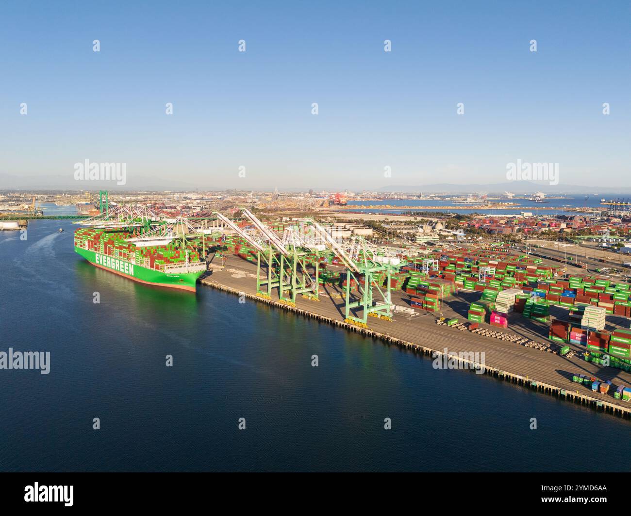 Port of Long Beach, California, USA and the Vincent Thomas Bridge ...