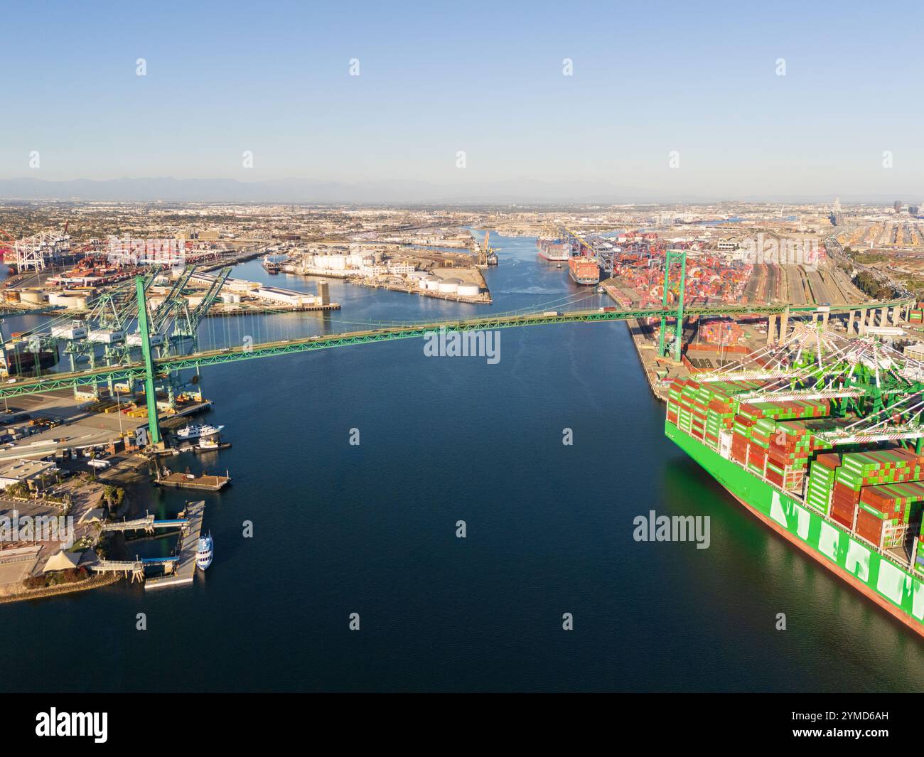 Port of Long Beach, California, USA and the Vincent Thomas Bridge ...