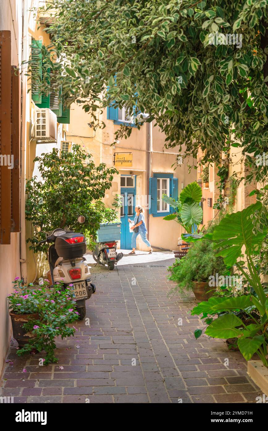 Old town Crete, view of a quiet street in the scenic Venetian old town ...