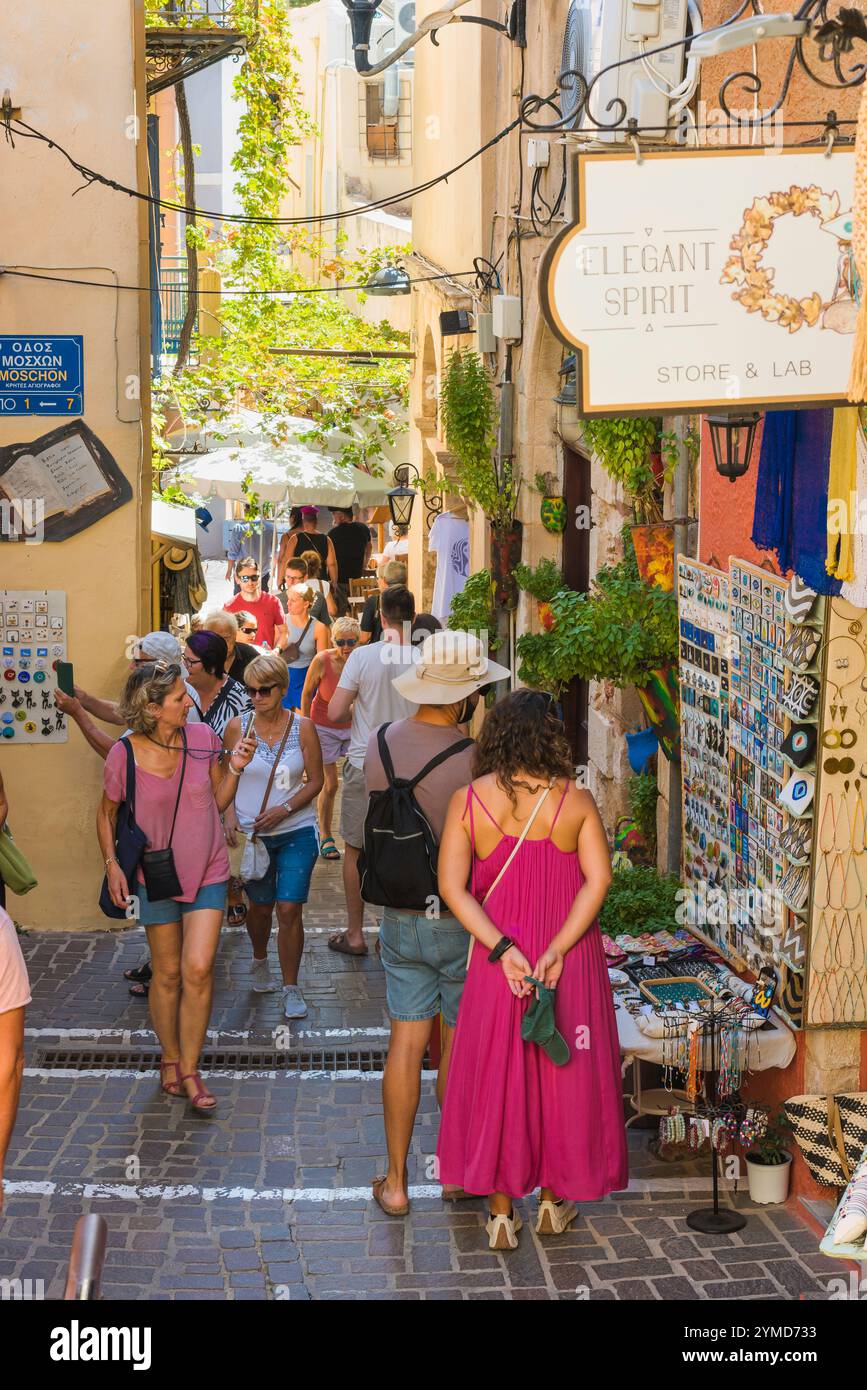 Crete old town, view of people passing gift shops in the scenic ...
