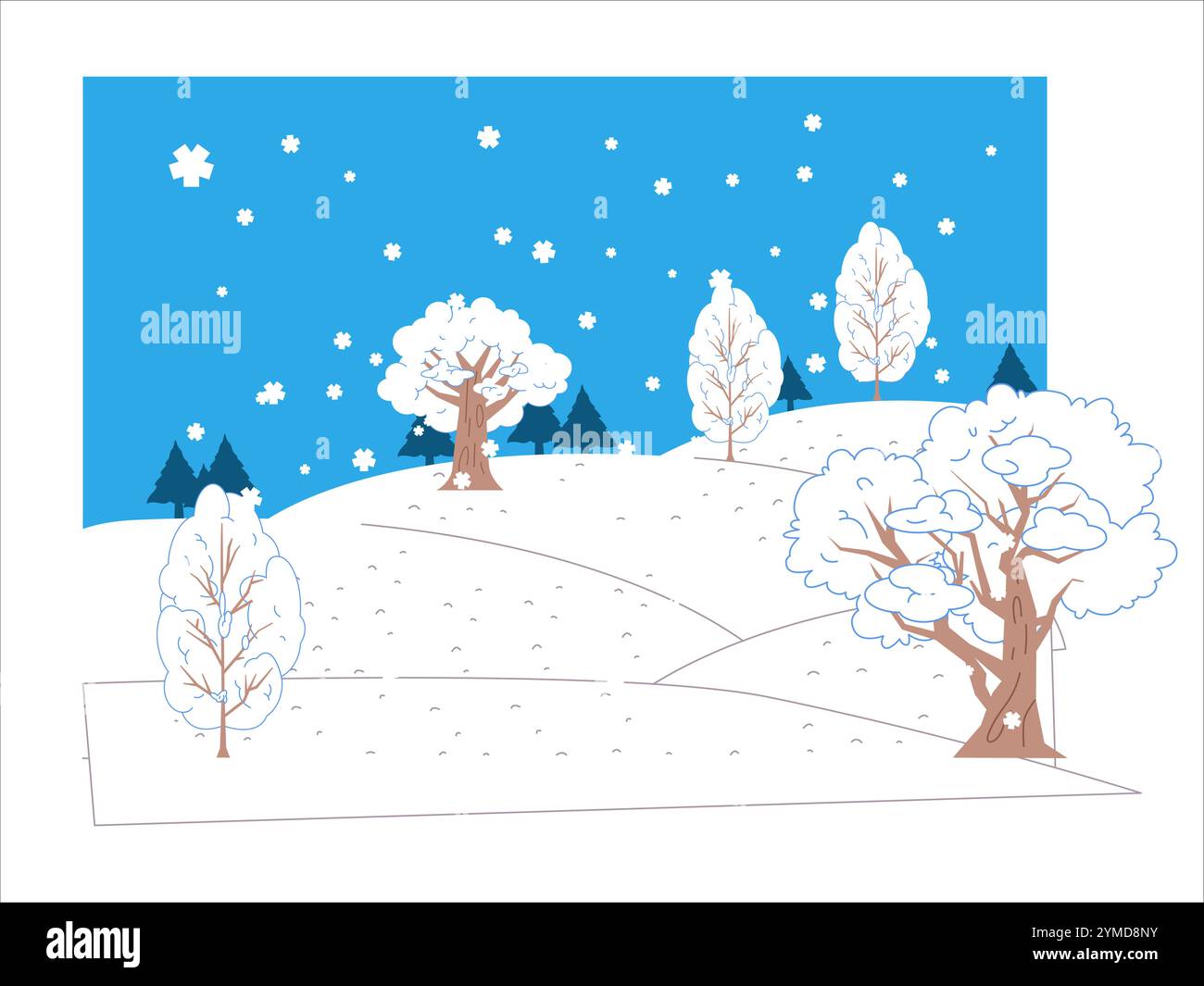 Winter forest scene nature woods pine fir trees snow season snowflakes ...