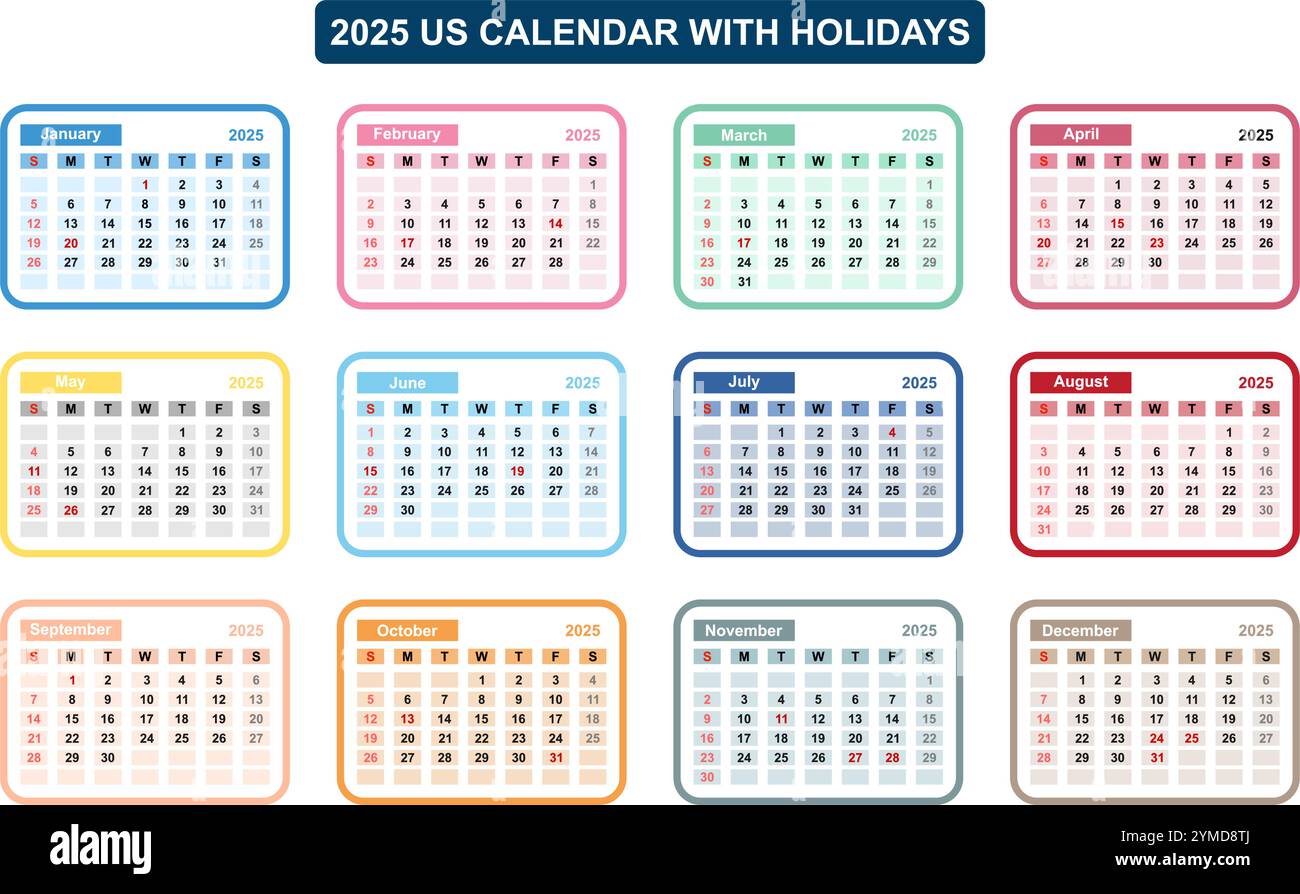Calendar 2025, colorful calendar for each month. set vector ...