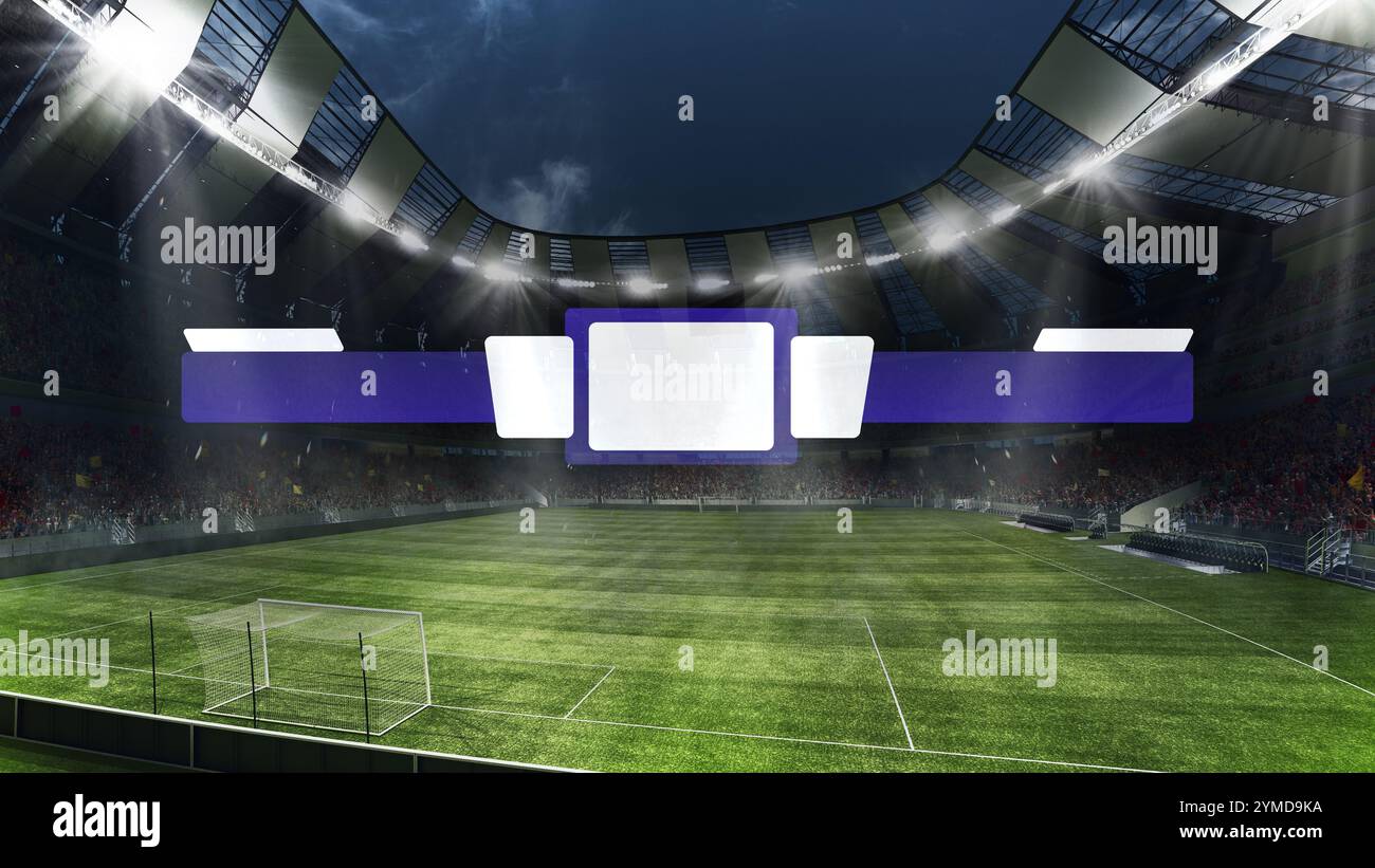 Wide-angle view of empty soccer stadium under dramatic night sky, with ...