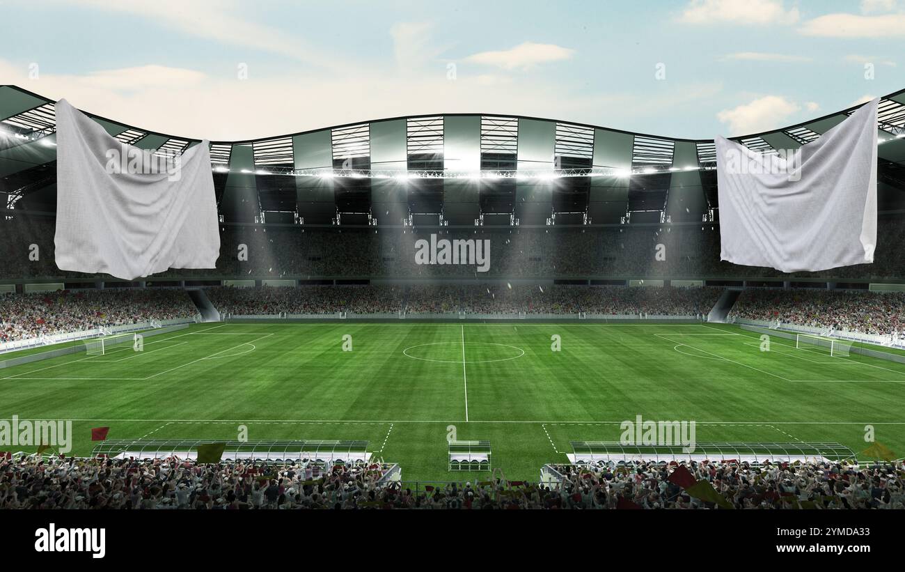 Wide-angle image of empty soccer stadium with two large blank flags ...