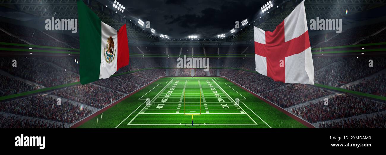 3D render of empty football stadium, packed with fans, with Mexican and ...
