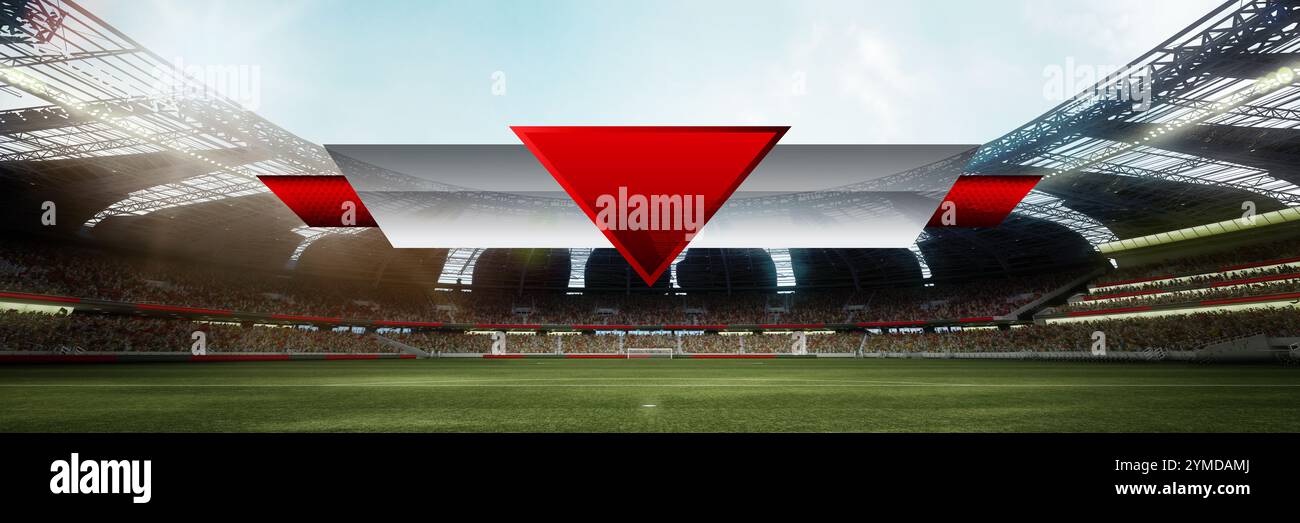 Wide-angle image of empty soccer stadium with large, abstract ...