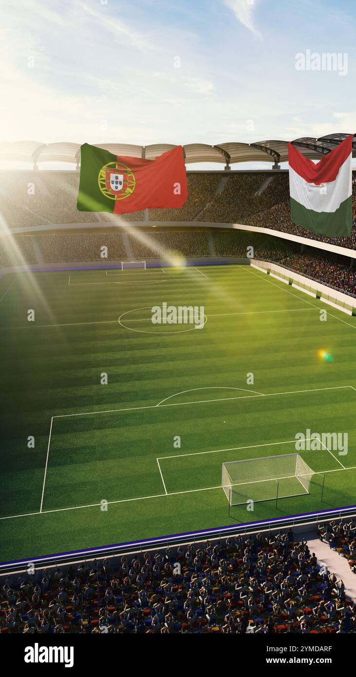3D render of packed soccer stadium, with the Portuguese and Hungarian ...