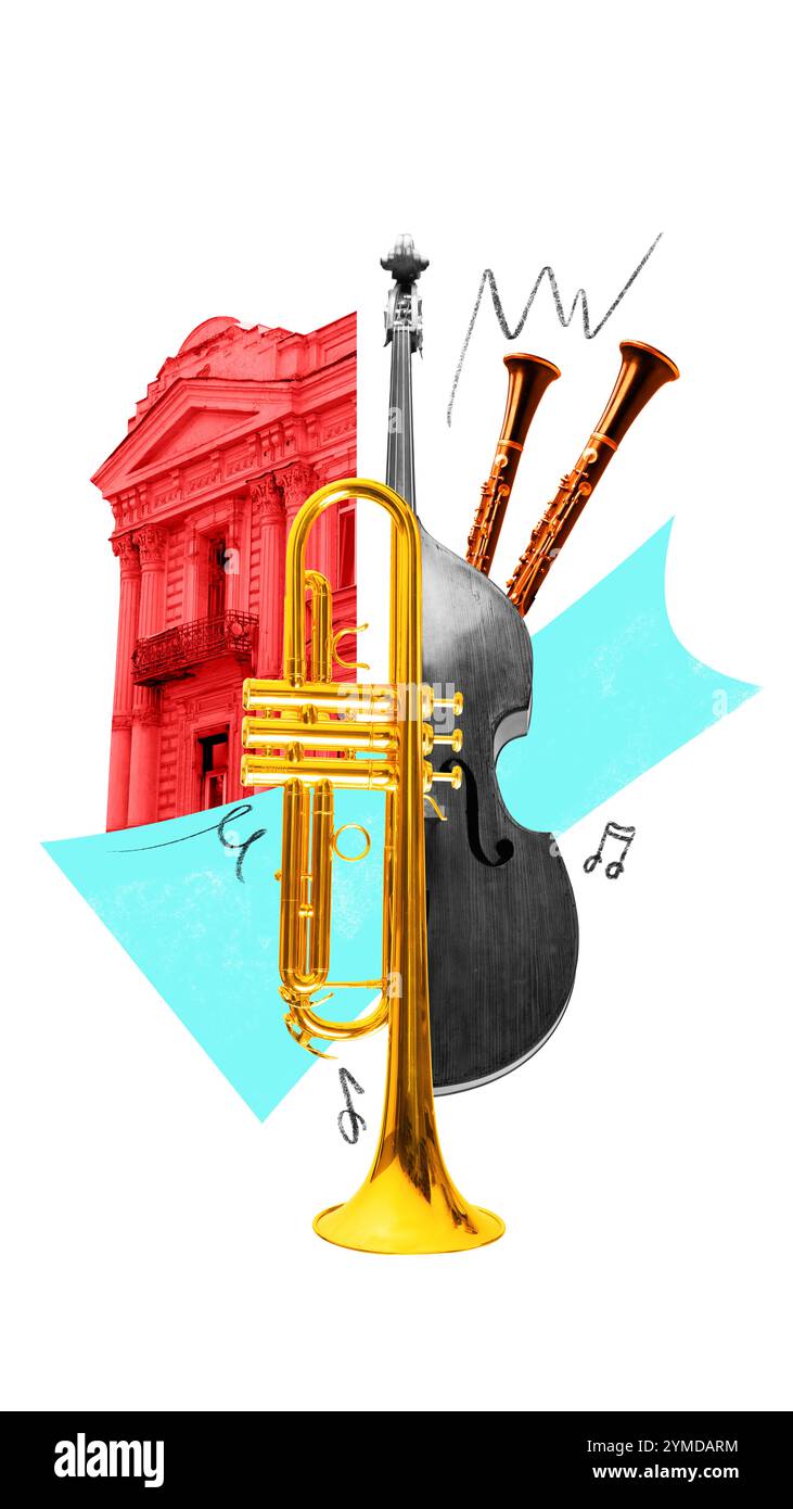 Poster. Contemporary art collage. Golden trumpet, double bass, and ...
