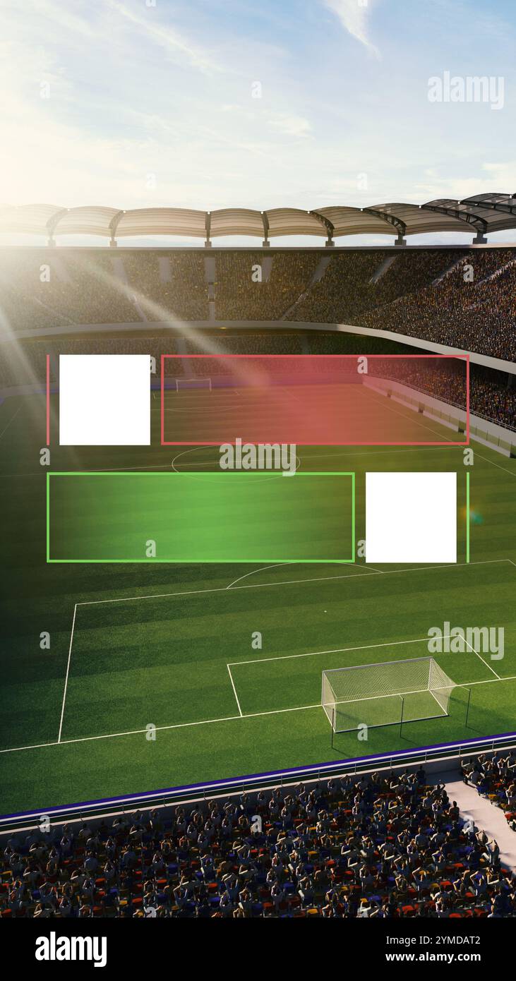 Wide-angle image of empty stadium with large, scoreboard. 3D render of ...