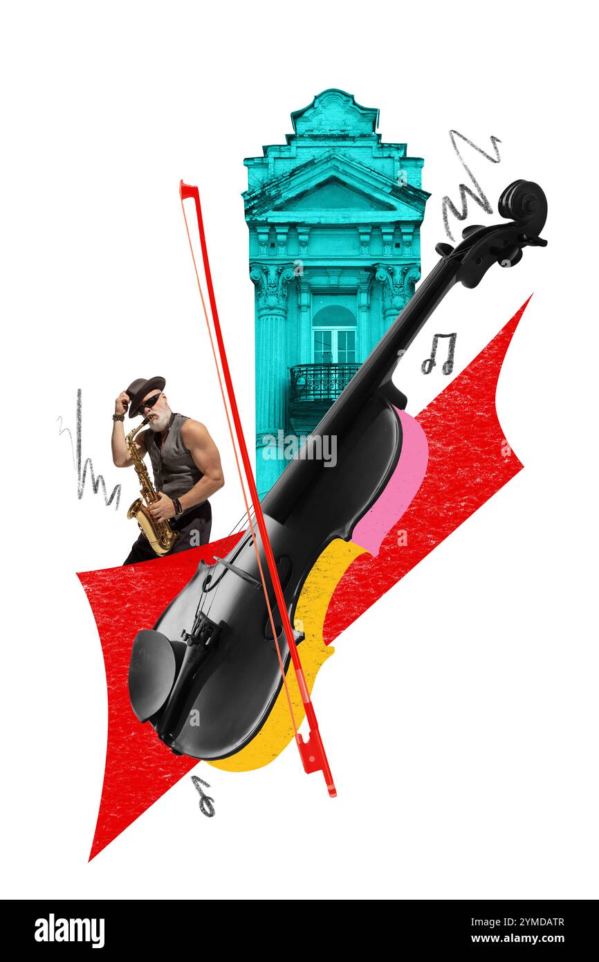 Poster. Contemporary art collage. Violin, saxophone player, and ...