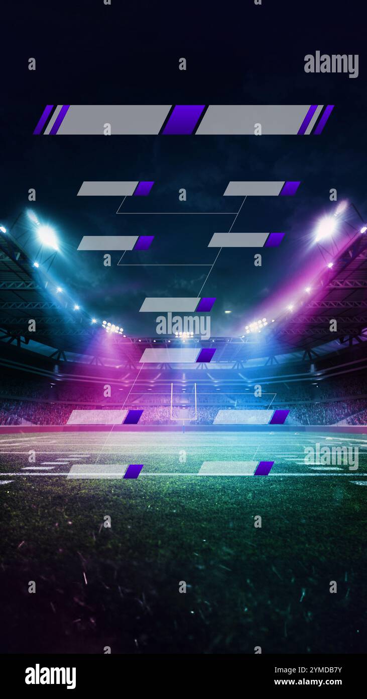 3D render of football stadium at night, illuminated by vibrant neon ...