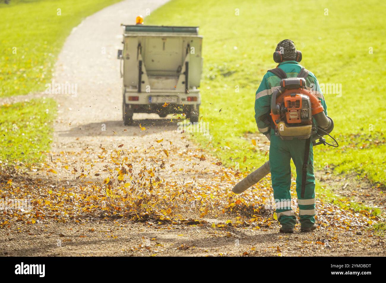 Back view of a public worker using leaf blower to clean path in a park ...