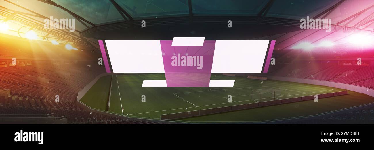 Wide-angle image of empty soccer stadium with large, abstract geometric ...