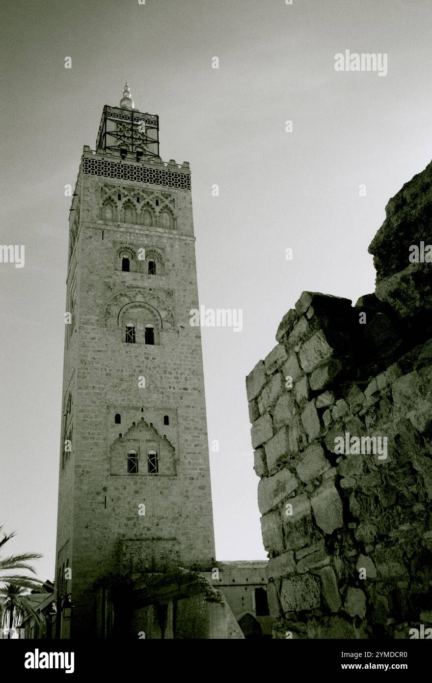 The ancient beautiful stone minaret of the iconic old Koutoubia Mosque ...