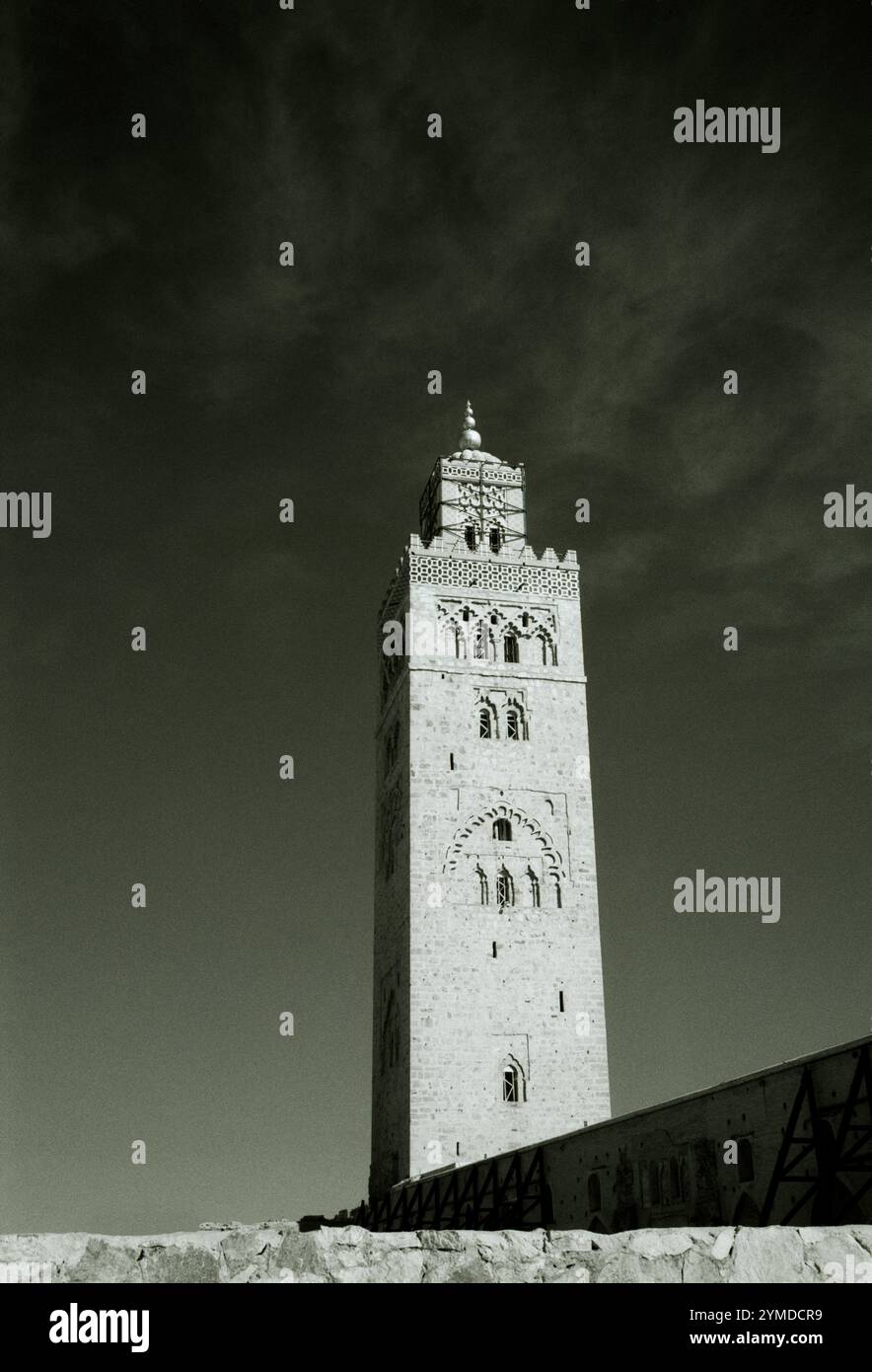 The ancient beautiful stone minaret of the iconic old Koutoubia Mosque ...