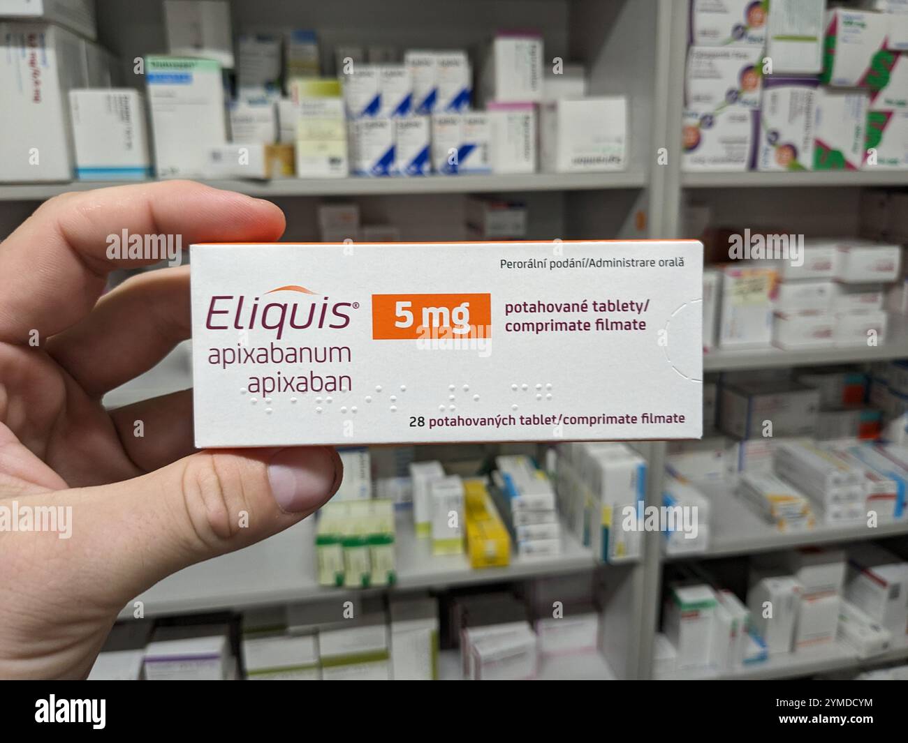 Prague,Czech Republic-March 1 2025: ELIQUIS box of tablets with ...