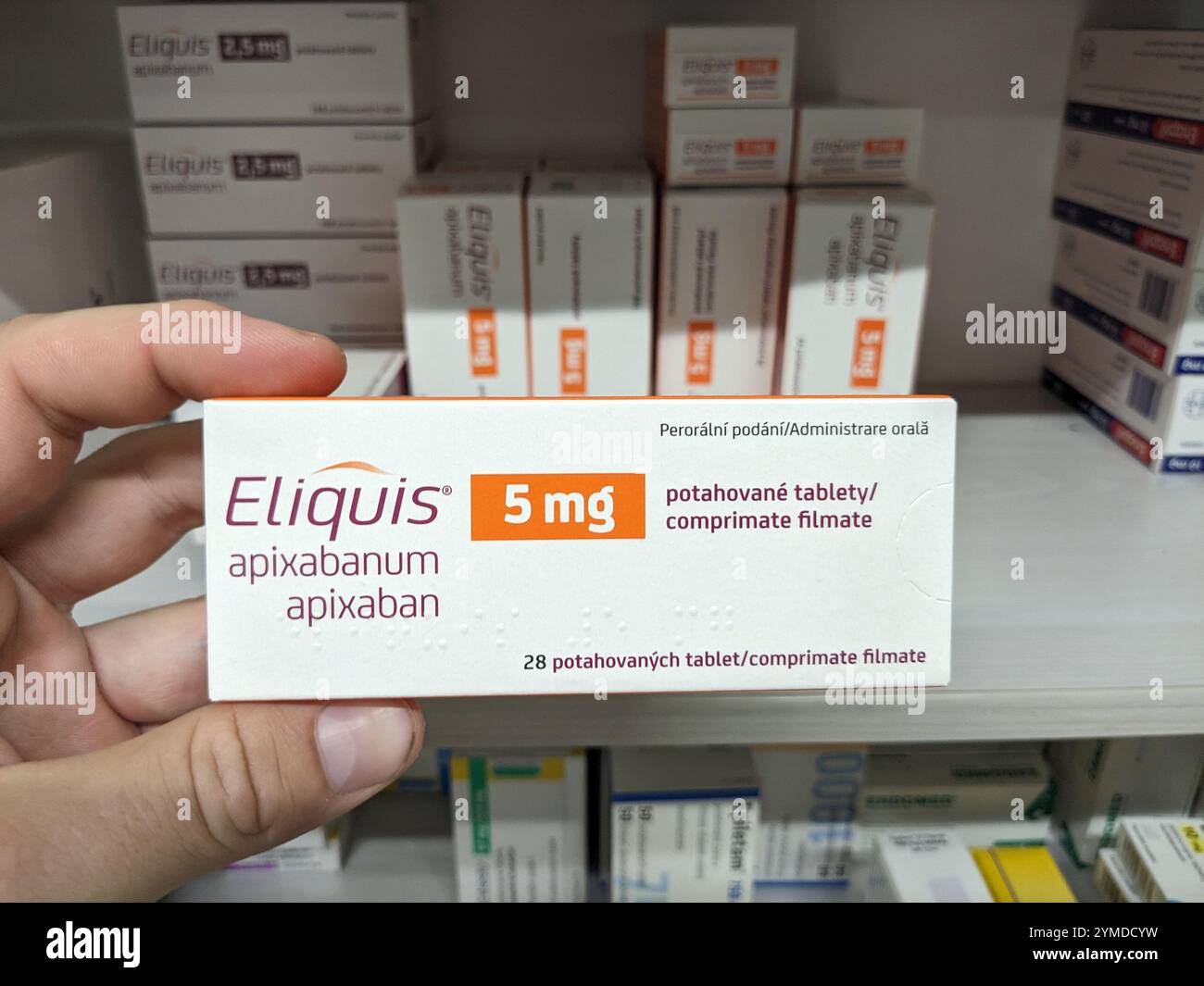 Prague,Czech Republic-March 1 2025: ELIQUIS box of tablets with ...
