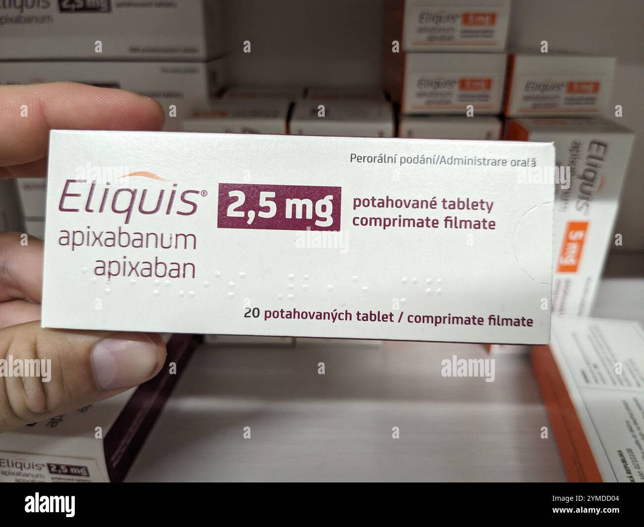 Prague,Czech Republic-March 1 2025: ELIQUIS box of tablets with ...