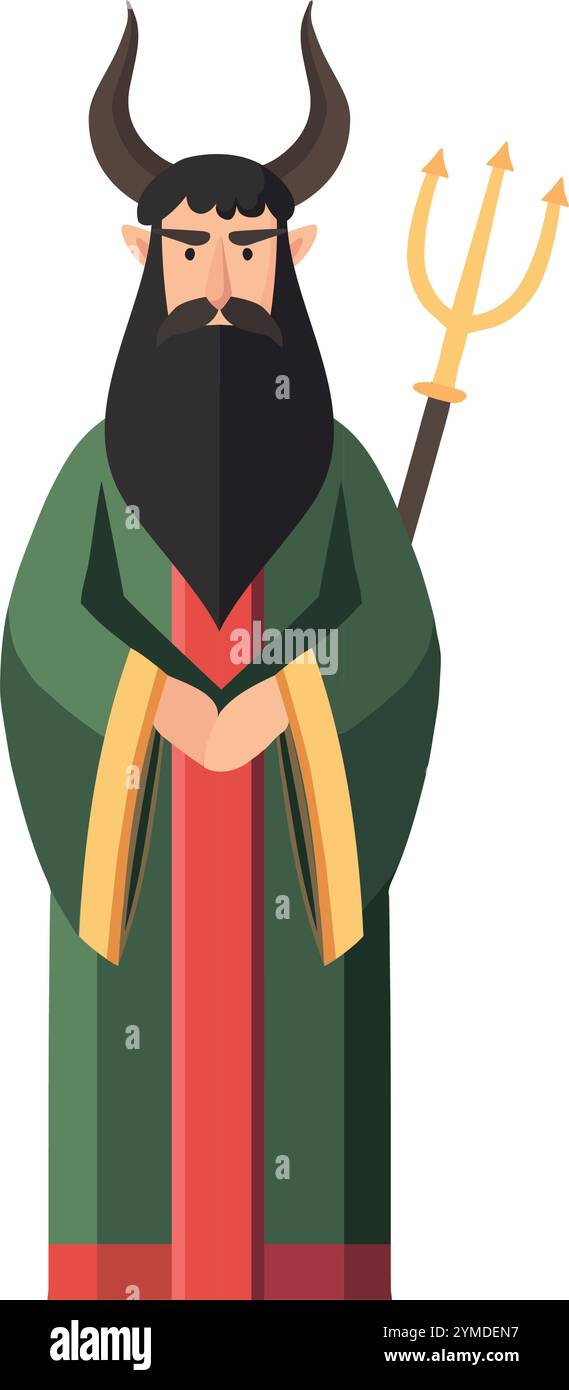 Devil illustration. Dark man with black beard, horns, long green coat ...