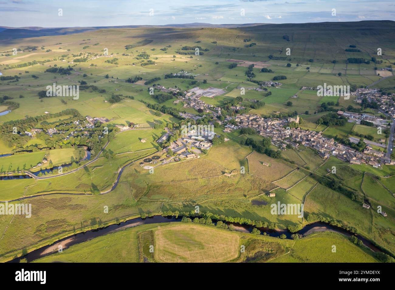 Birds eye view of upper Wensleydale near Hawes, showing the River Ure ...