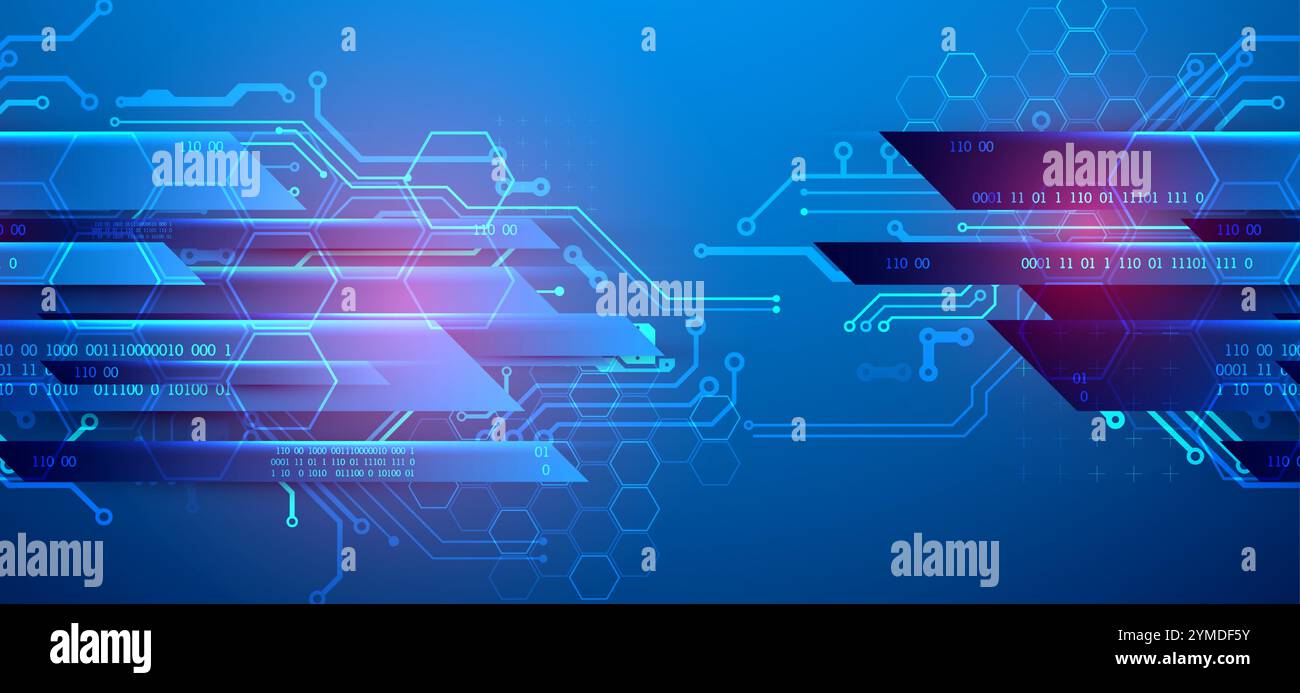 Abstract technological illustration with neon lights on a dark blue ...