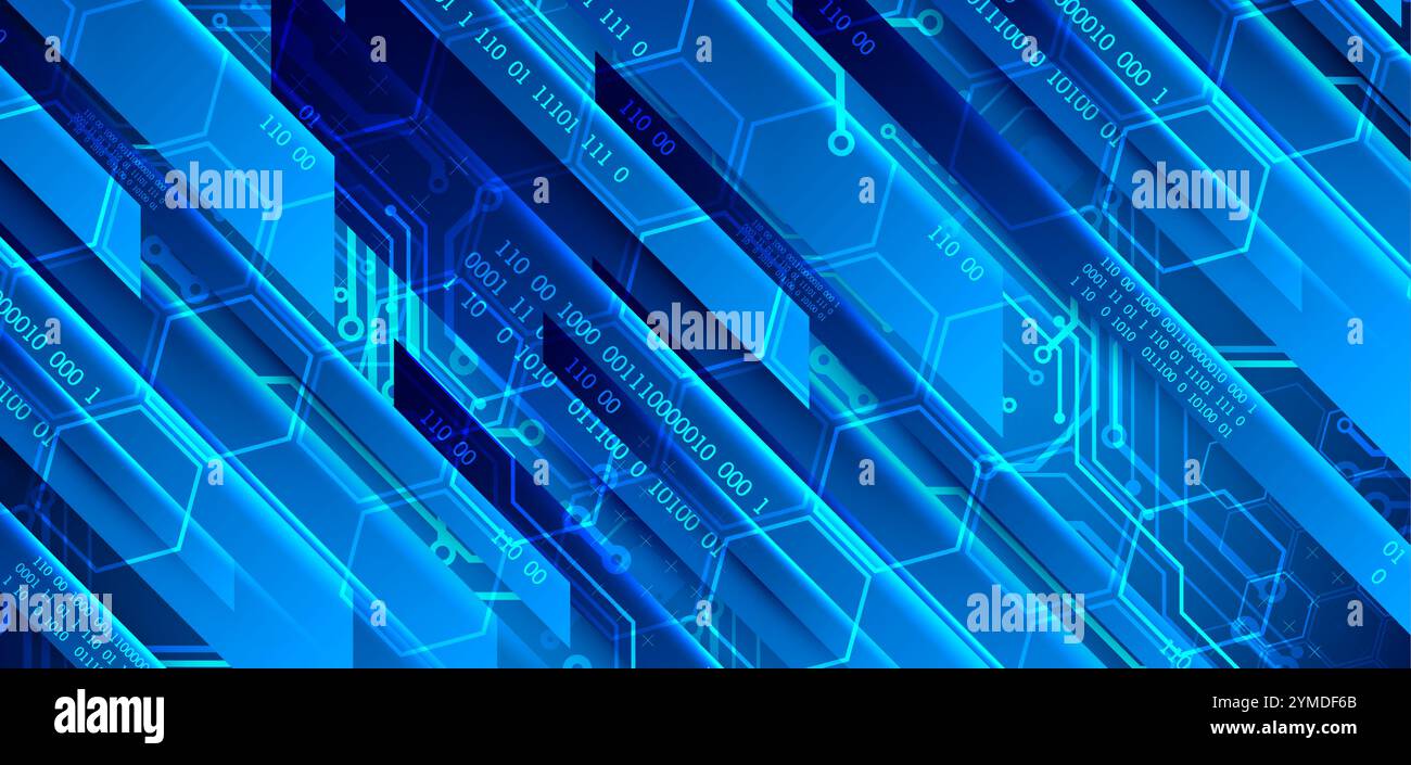 Abstract technological illustration with neon lights on a dark blue ...