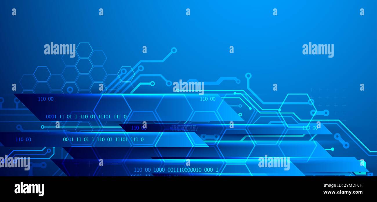 Abstract technological illustration with neon lights on a dark blue ...