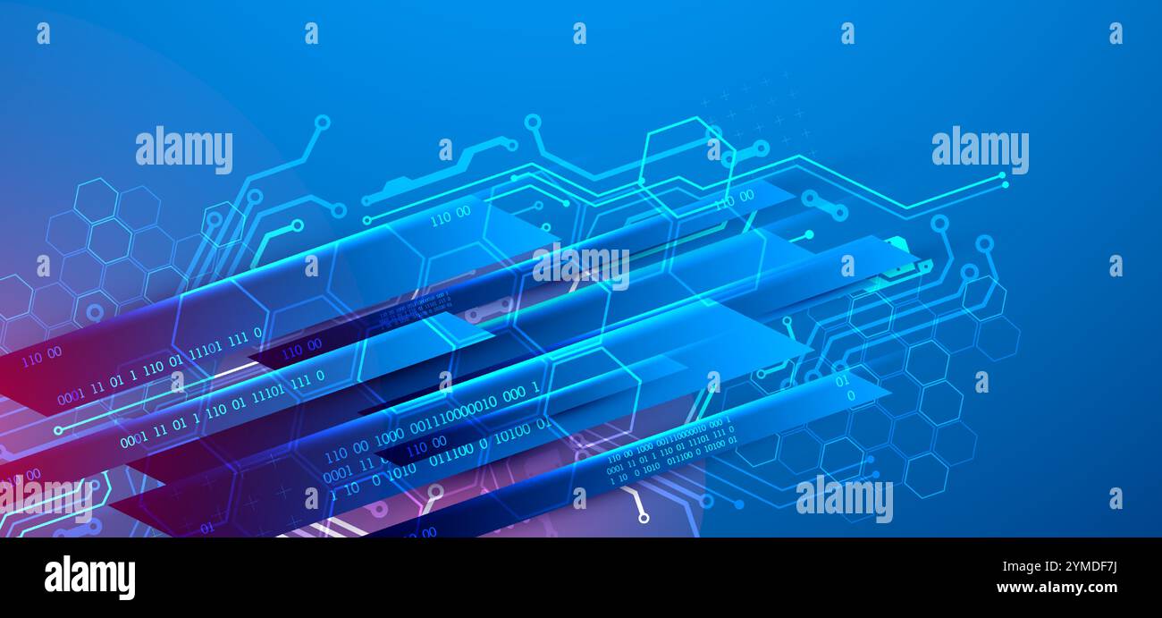 Abstract technological illustration with neon lights on a dark blue ...