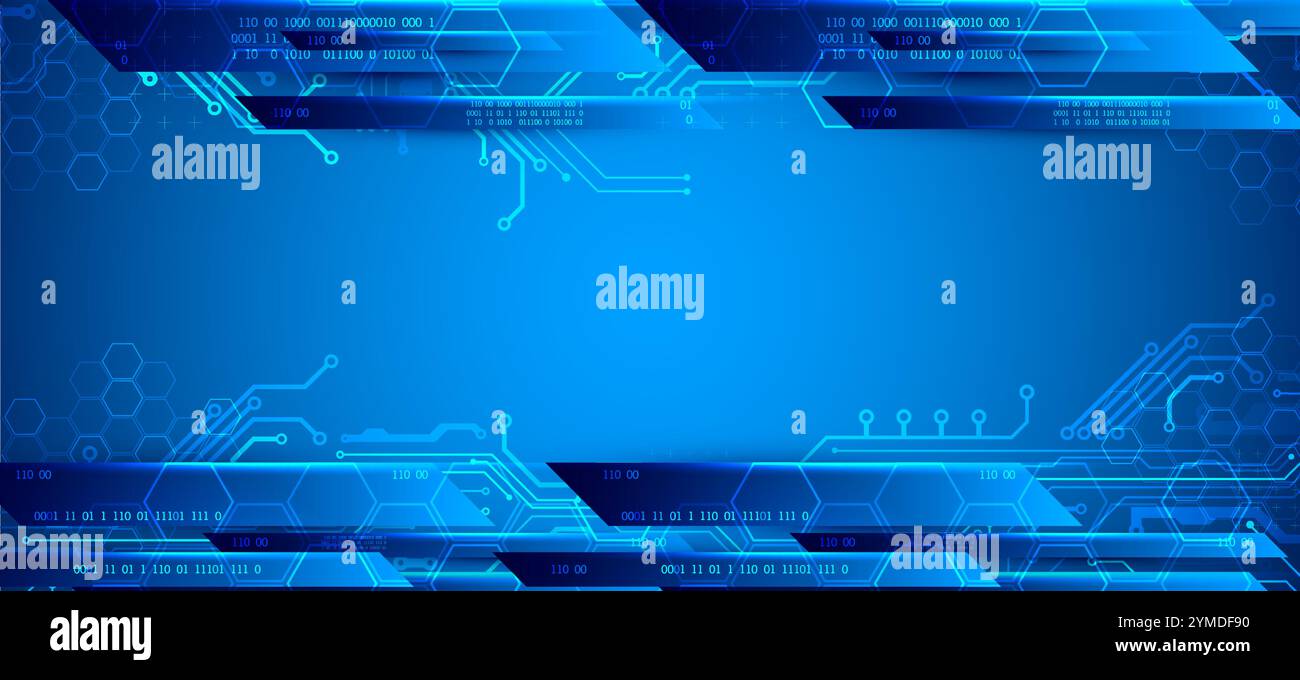 Abstract technological illustration with neon lights on a dark blue ...
