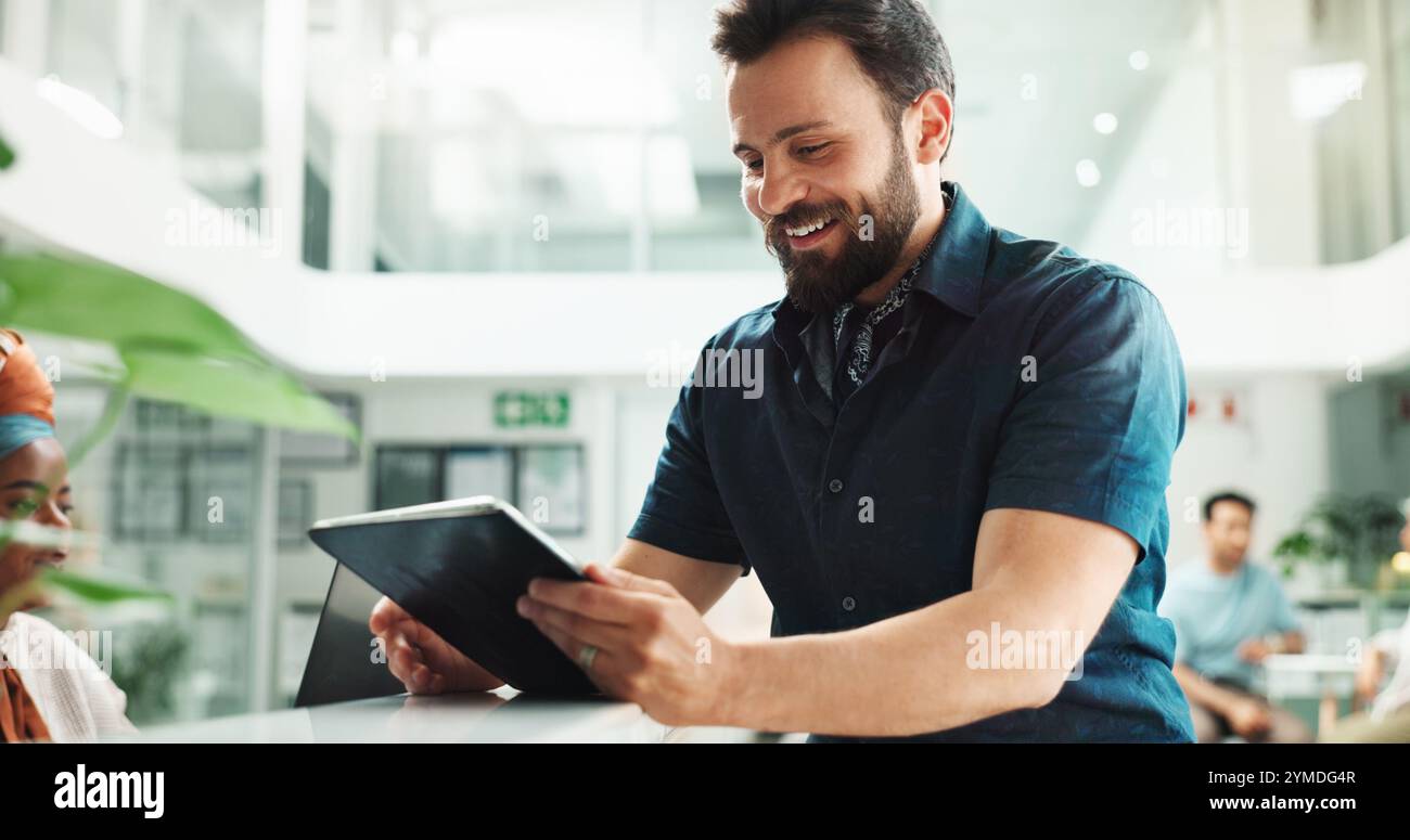Business people, reception and man in office, tablet and network with ...