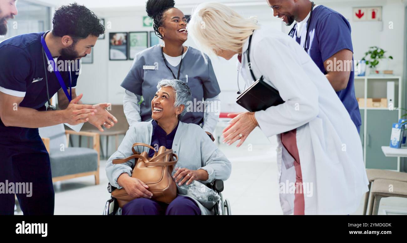 Applause, medical staff and woman in wheelchair for recovery, healing ...