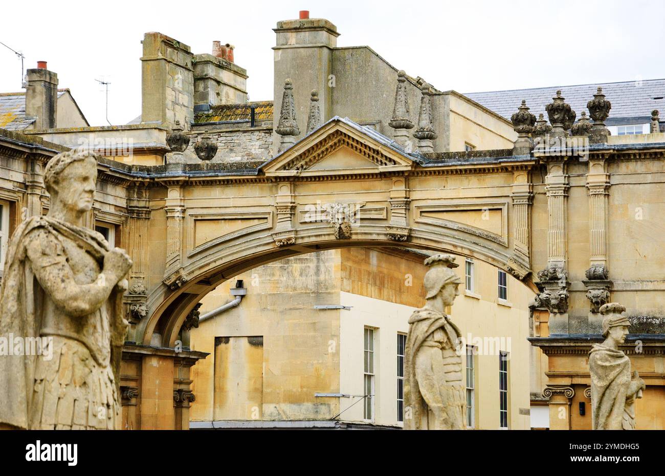 Stone statues of Roman warriors in Roman Baths complex in Bath, England ...