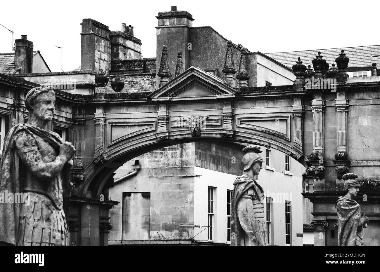 Stone statues of Roman warriors in Roman Baths complex in Bath, England ...