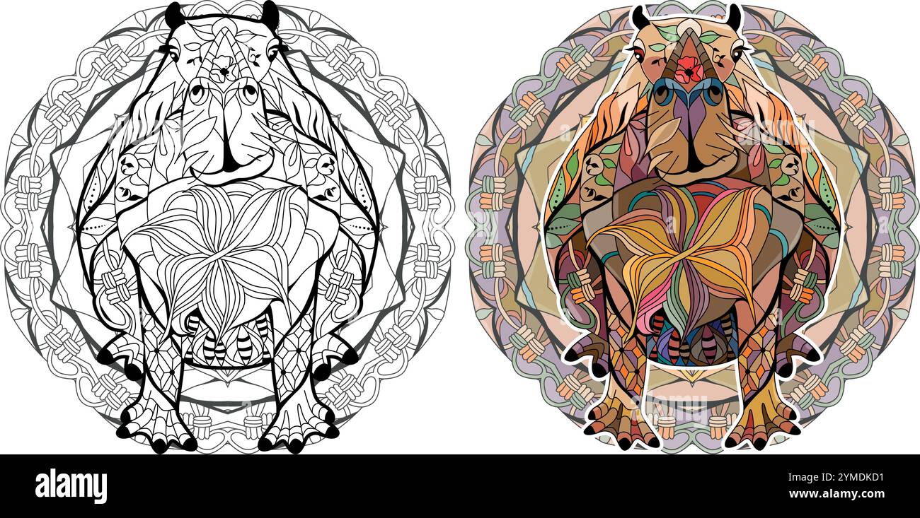 Zentangle stylized Capybara for coloring book on mandala. Hand drawn ...