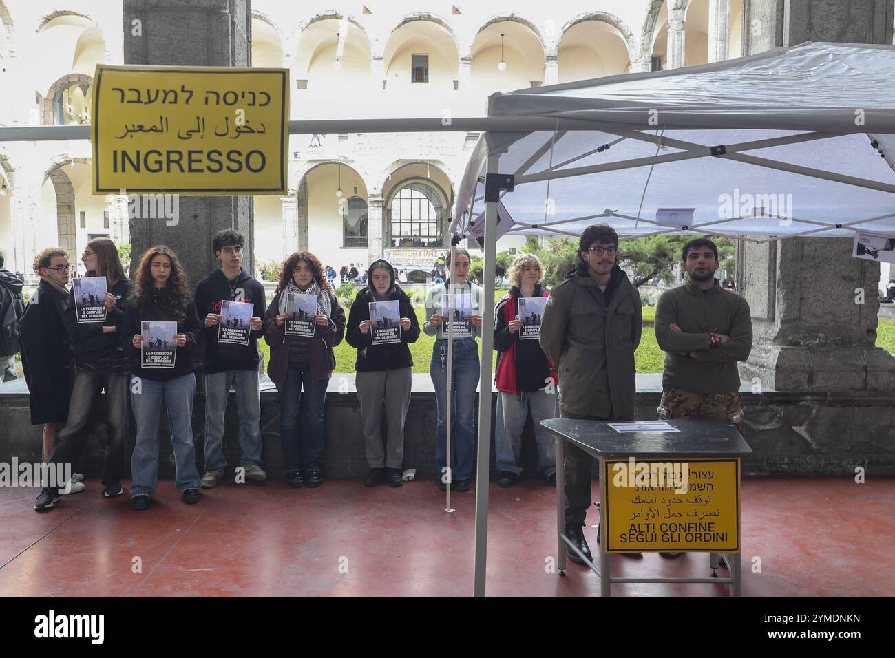 Students from the pro-Palestinian Federico II University set up a fake checkpoint at the ...