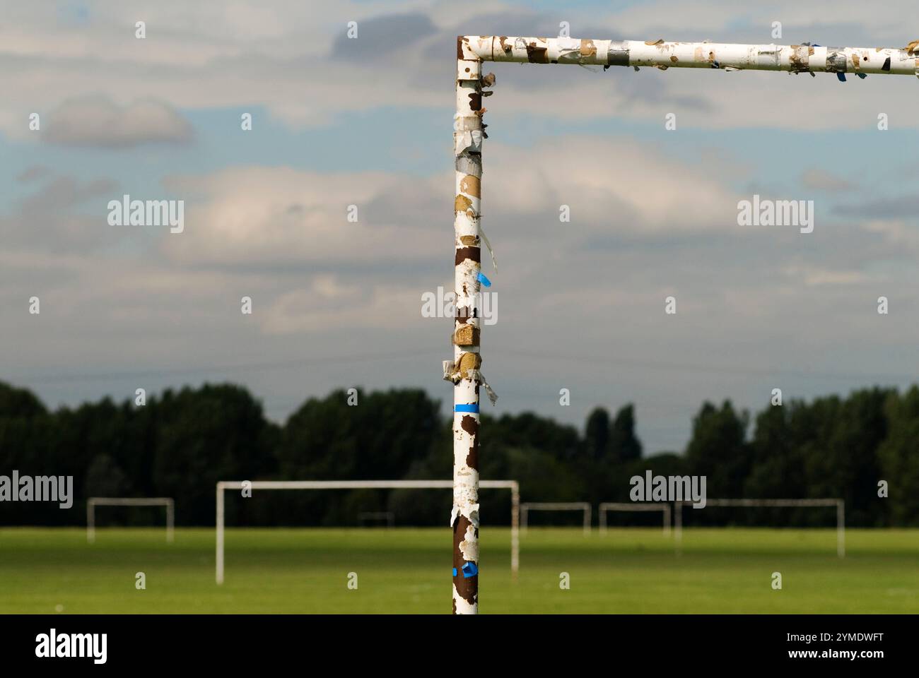 Football goal posts at the Hackney Marsh recreational sports grounds ...