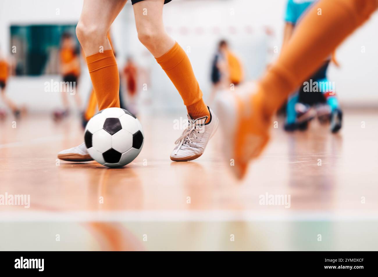 Indoor soccer sports hall. Football futsal player, ball, futsal floor ...