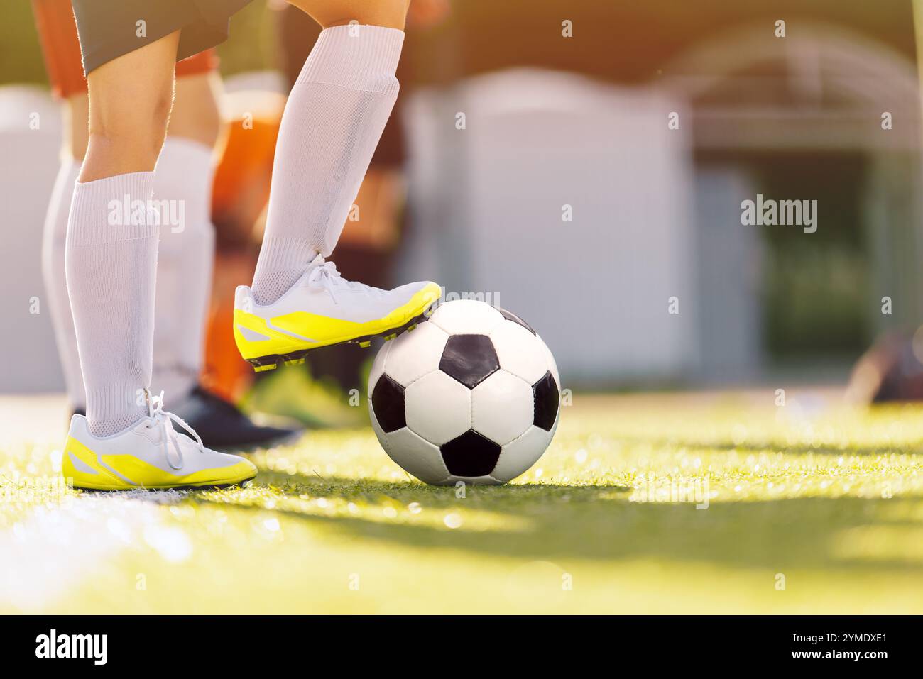 Little Boy Kick Soccer Ball During League Match. Happy Kid Have Fun ...
