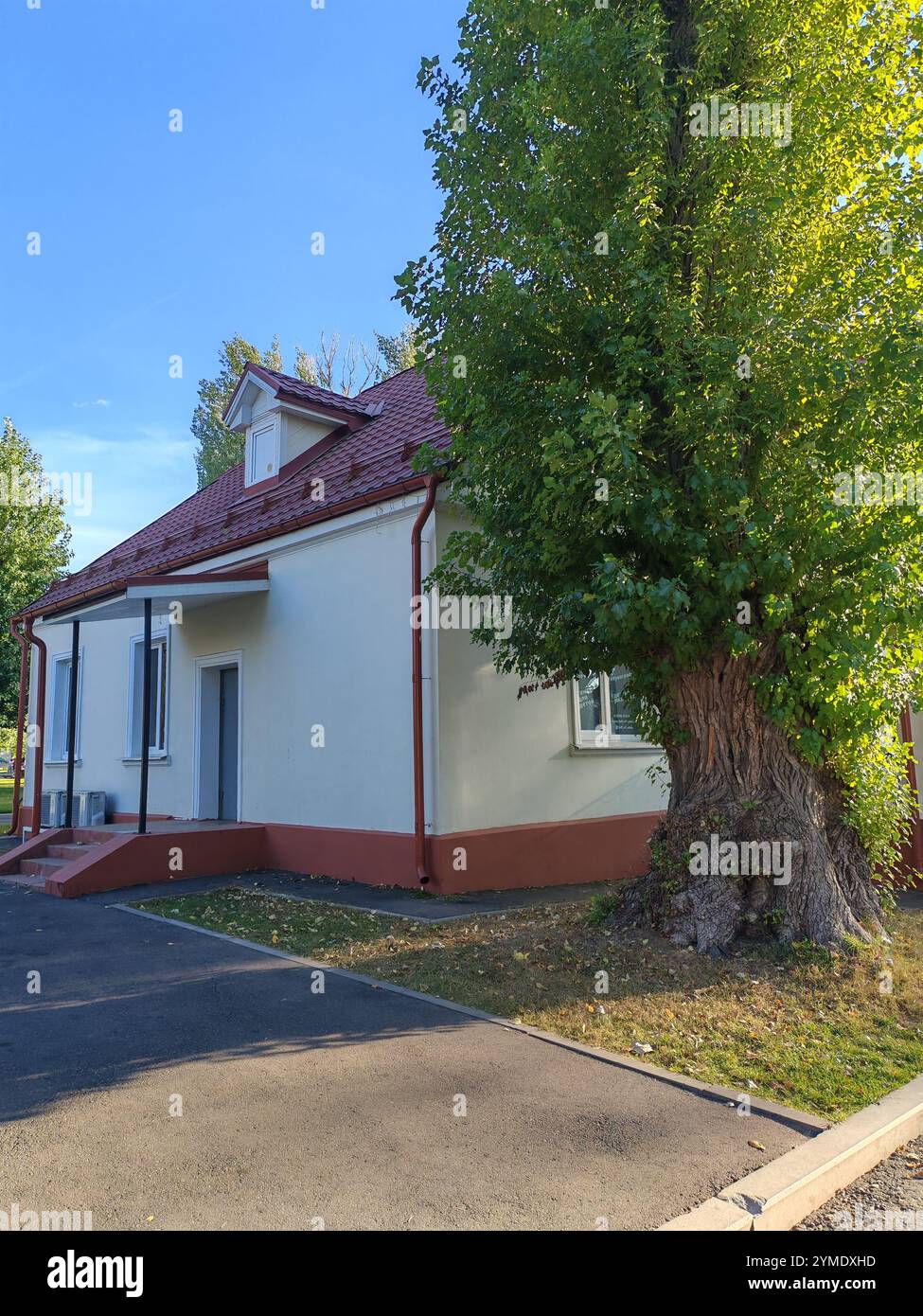 A traditional building with red accents and a tall, sloped roof, framed ...