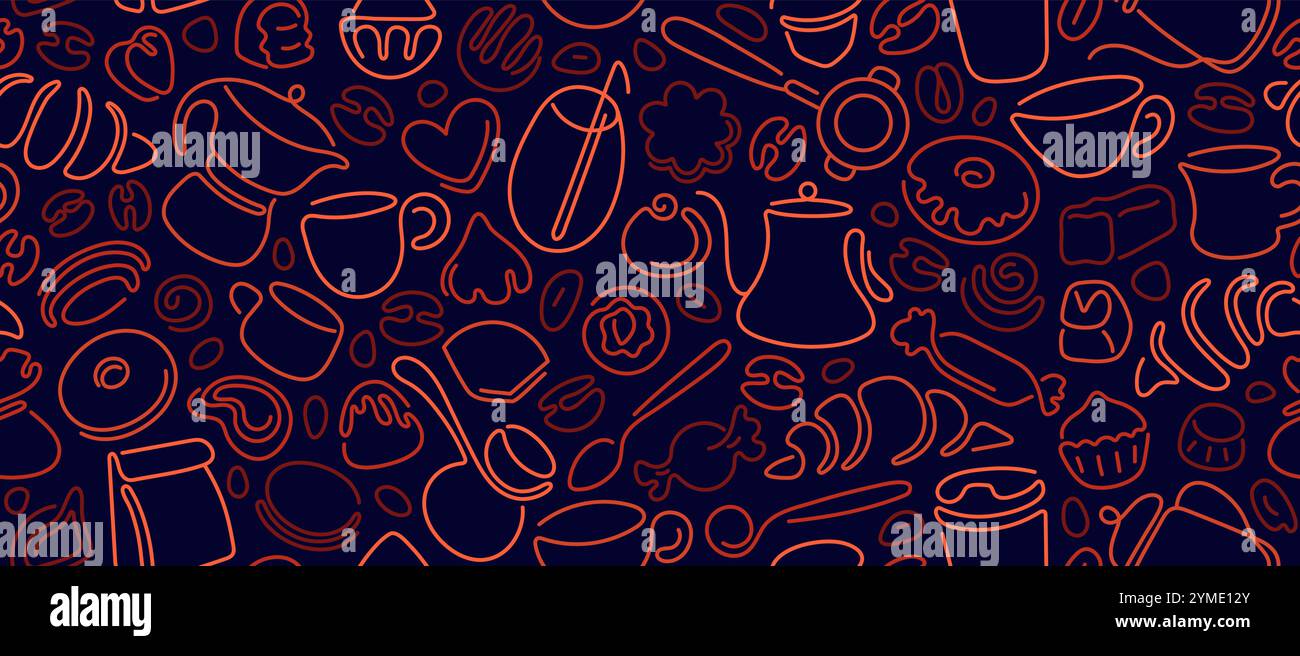Coffee, tea line pattern. Abstract cup, dessert, chocolate sweets ...