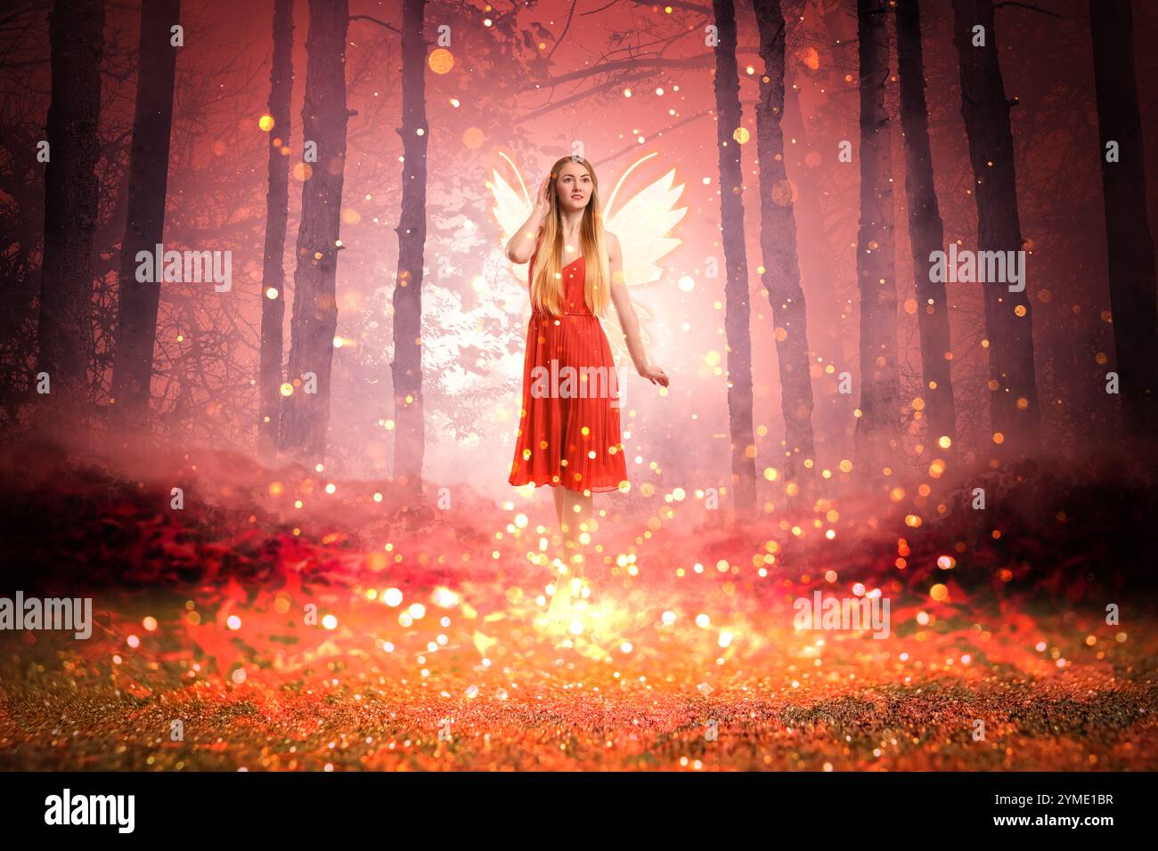 Enchanting fairy surrounded by magic lights among trees. Mesmerizing ...
