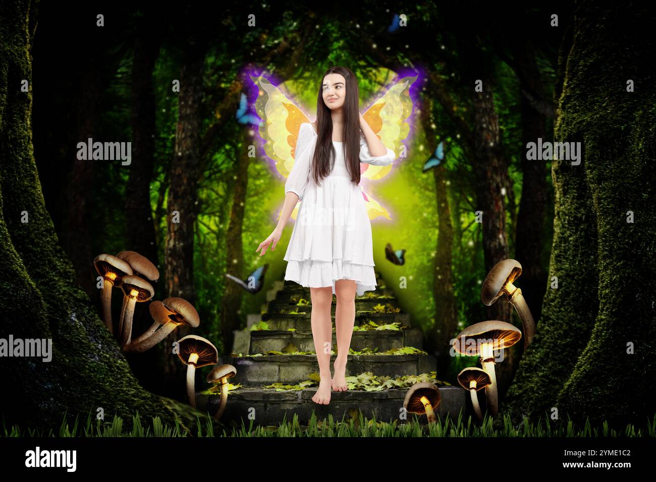 Enchanting fairy surrounded by butterflies walking down ancient stairs ...