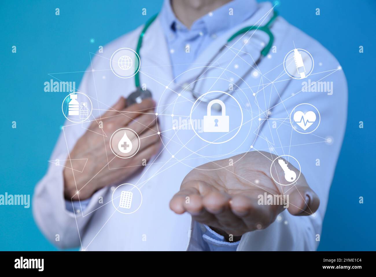 Medical privacy. Health worker using virtual screen with scheme and ...